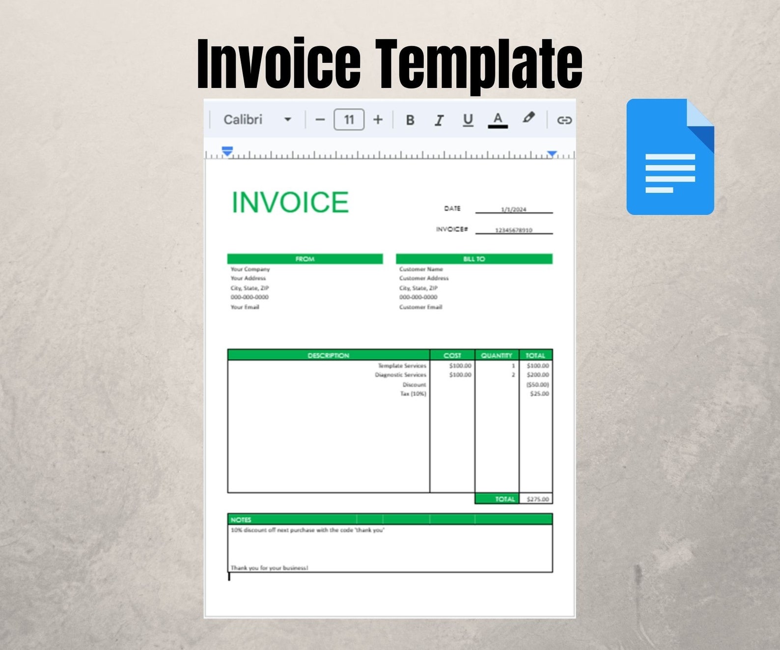 Invoice Template Pdf/google Docs/word. Business Invoice. Invoice Word. Editable Invoice. Custom ...