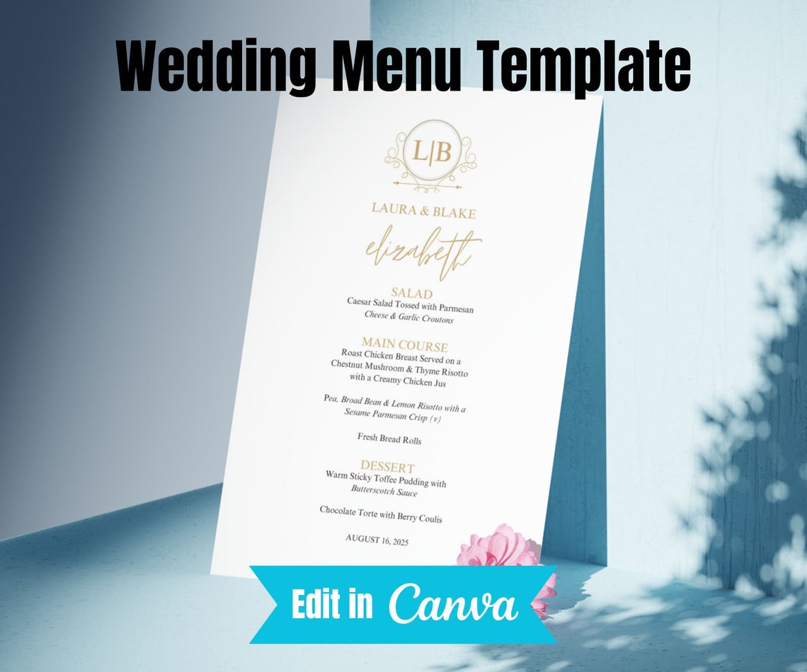 Wedding Menu Template, Minimalist Wedding Monogram, Editable Menu ...