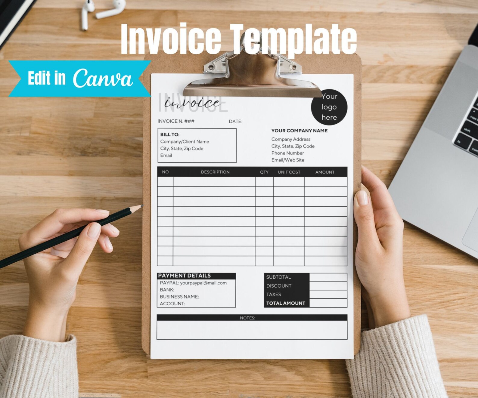 Invoice Template Editable, Small Business Custom Order Form Printable ...