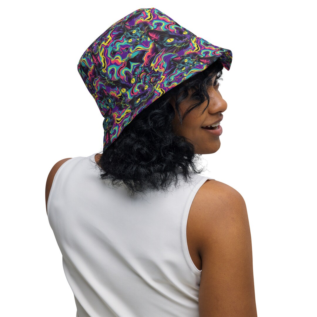 Trippy Cat Festival Bucket Hat Psychedelic Rave Bucket Hat Festival ...