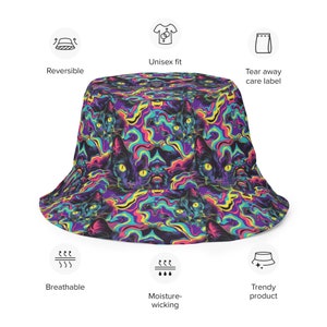 Trippy Cat Festival Bucket Hat Psychedelic Rave Bucket Hat Festival ...