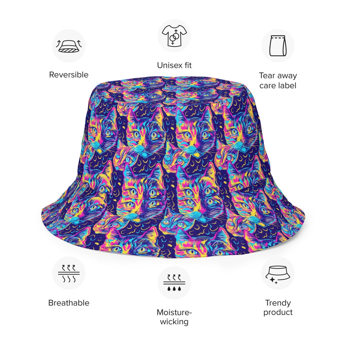 Trippy Reversible Cat Bucket Hat Psychedelic Rave Bucket Hat Festival ...