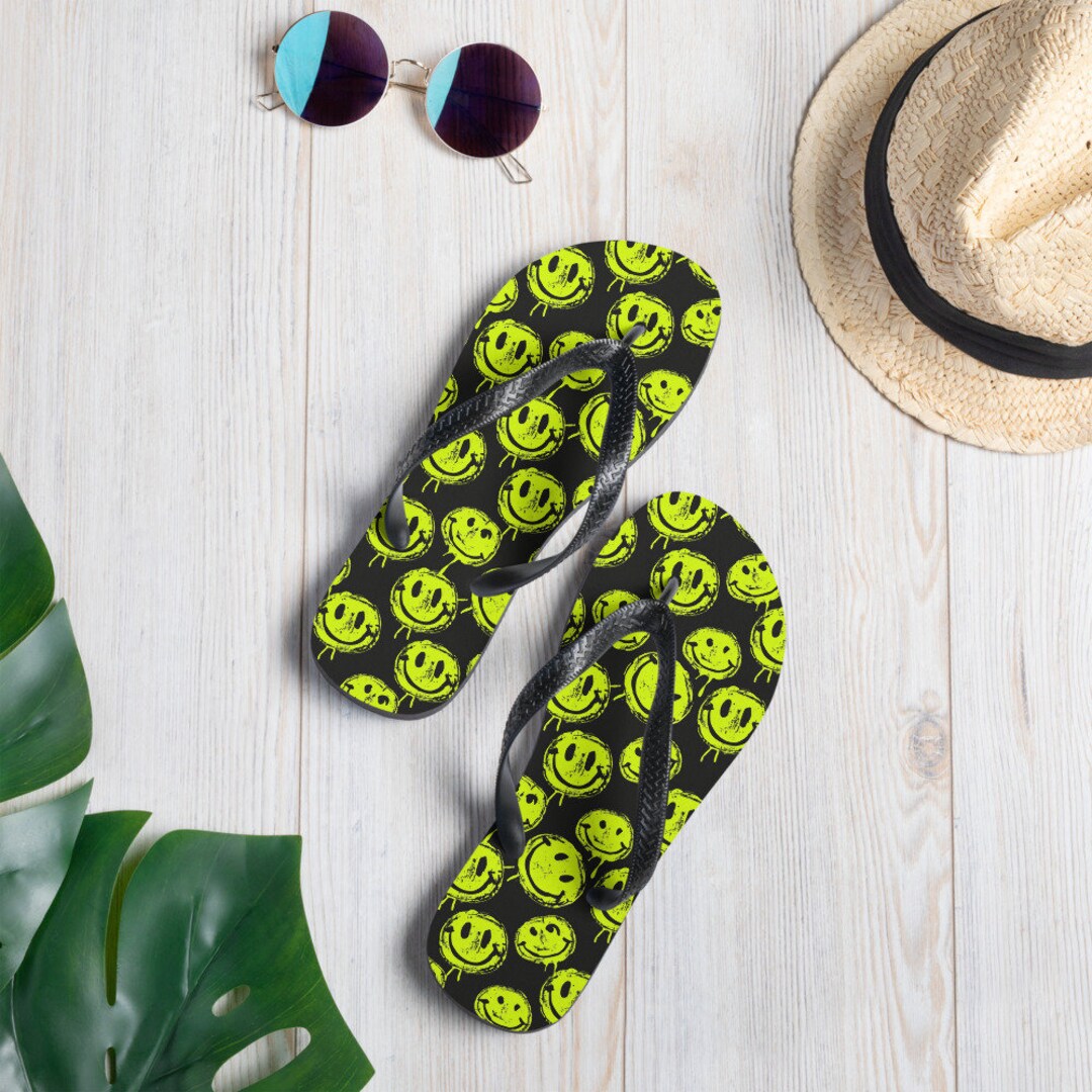 Smiley Face Flip Flops Summer Outfit Vacation Wear Shoes for Her Happy ...
