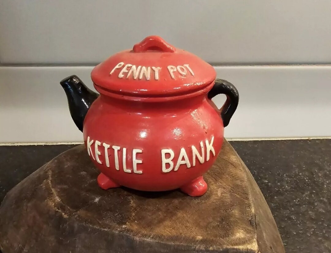 Vintage Red Kettle Bank Penny Pot With Black Spout and Handle and ...