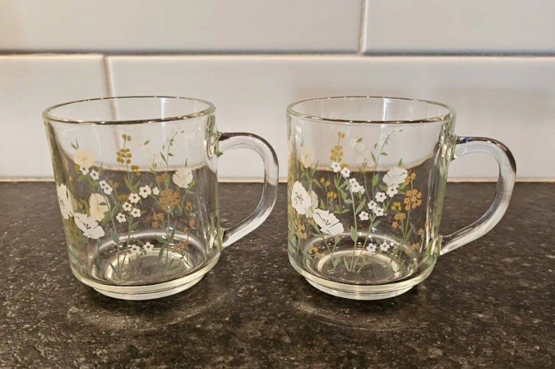 Vintage Luminarc Floral Print Clear Glass Handled Mugs - Etsy
