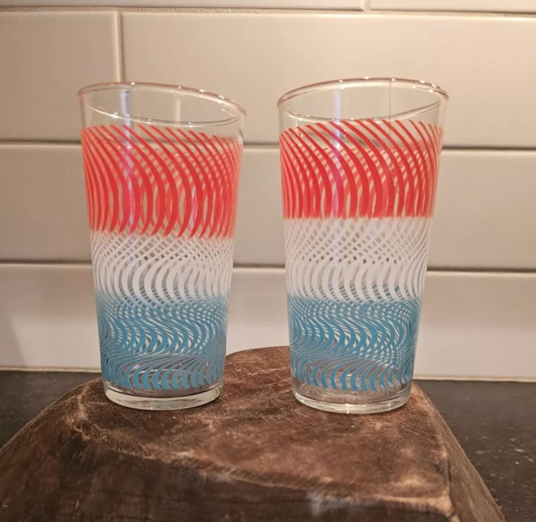 Vintage MCM Tri-colored Red White and Blue Swirl Glasses Set of 2 - Etsy