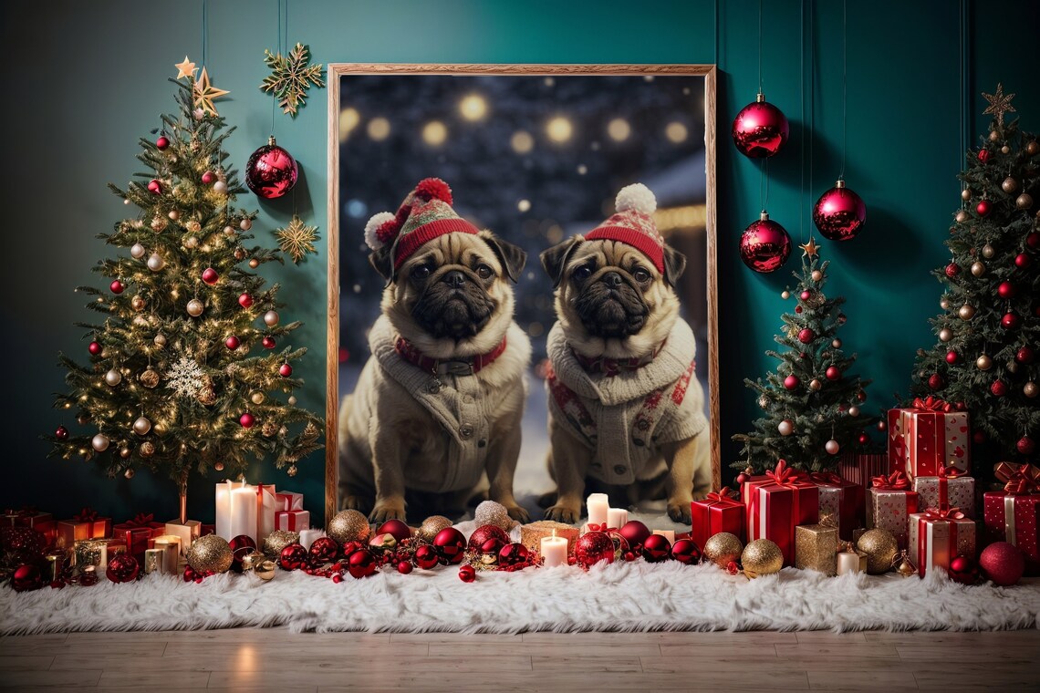 Snowy Serenity: festive Pugs in Christmas Snow Digital Download Art - Etsy