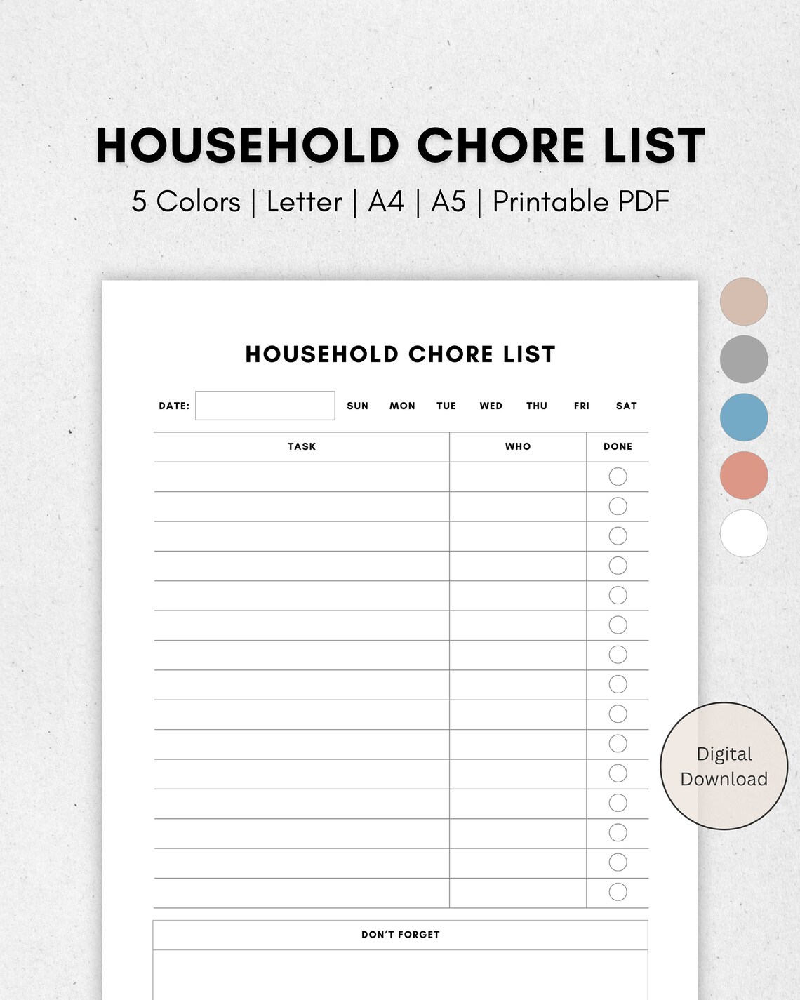 Chore List, Household Chore Chart Template, Cleaning Checklist, Task ...