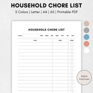 Chore List, Household Chore Chart Template, Cleaning Checklist, Task ...