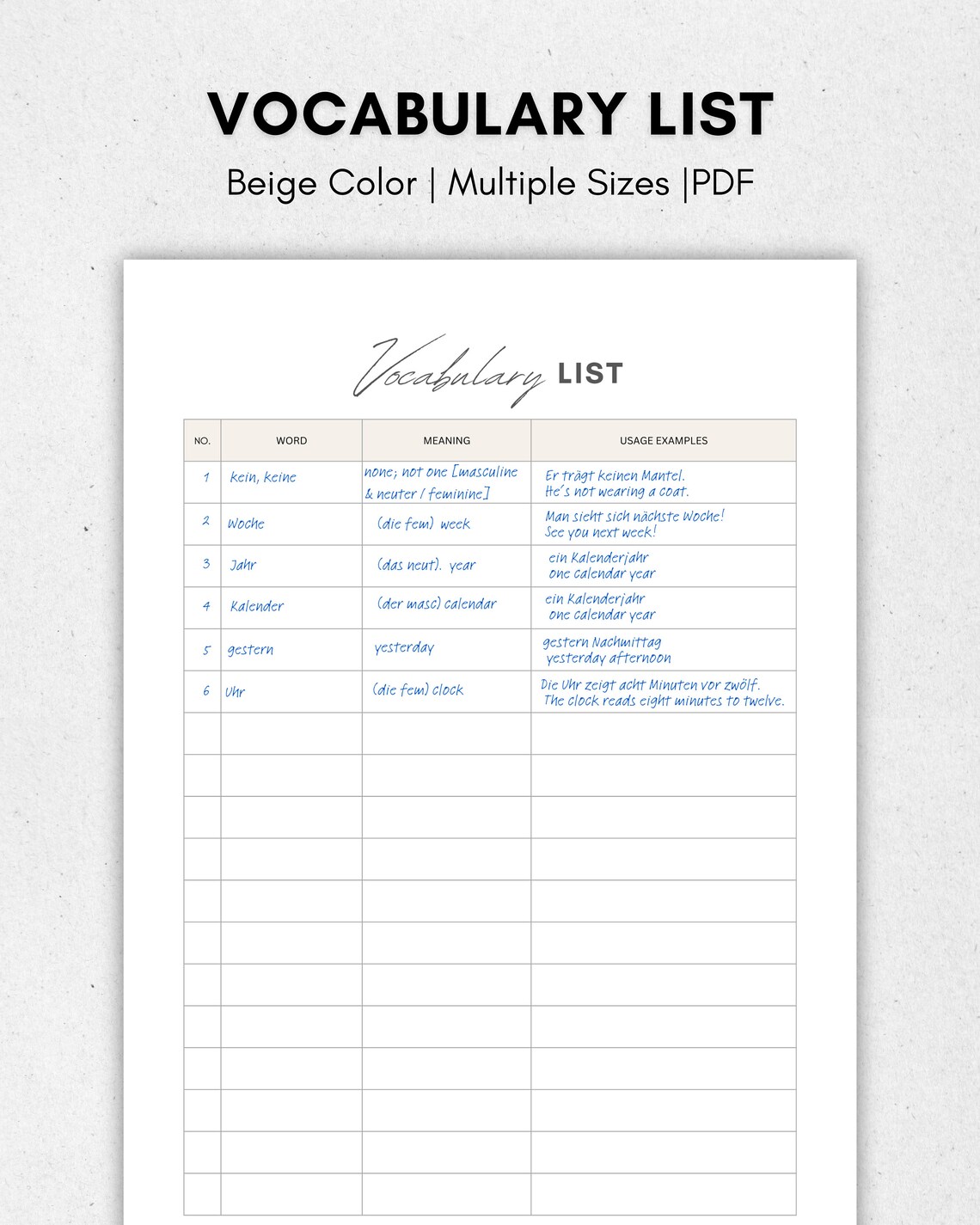 Vocabulary List Worksheet Printable, Planner Inserts, Vocabulary List ...