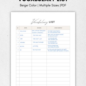 Vocabulary List Worksheet Printable, Planner Inserts, Vocabulary List ...