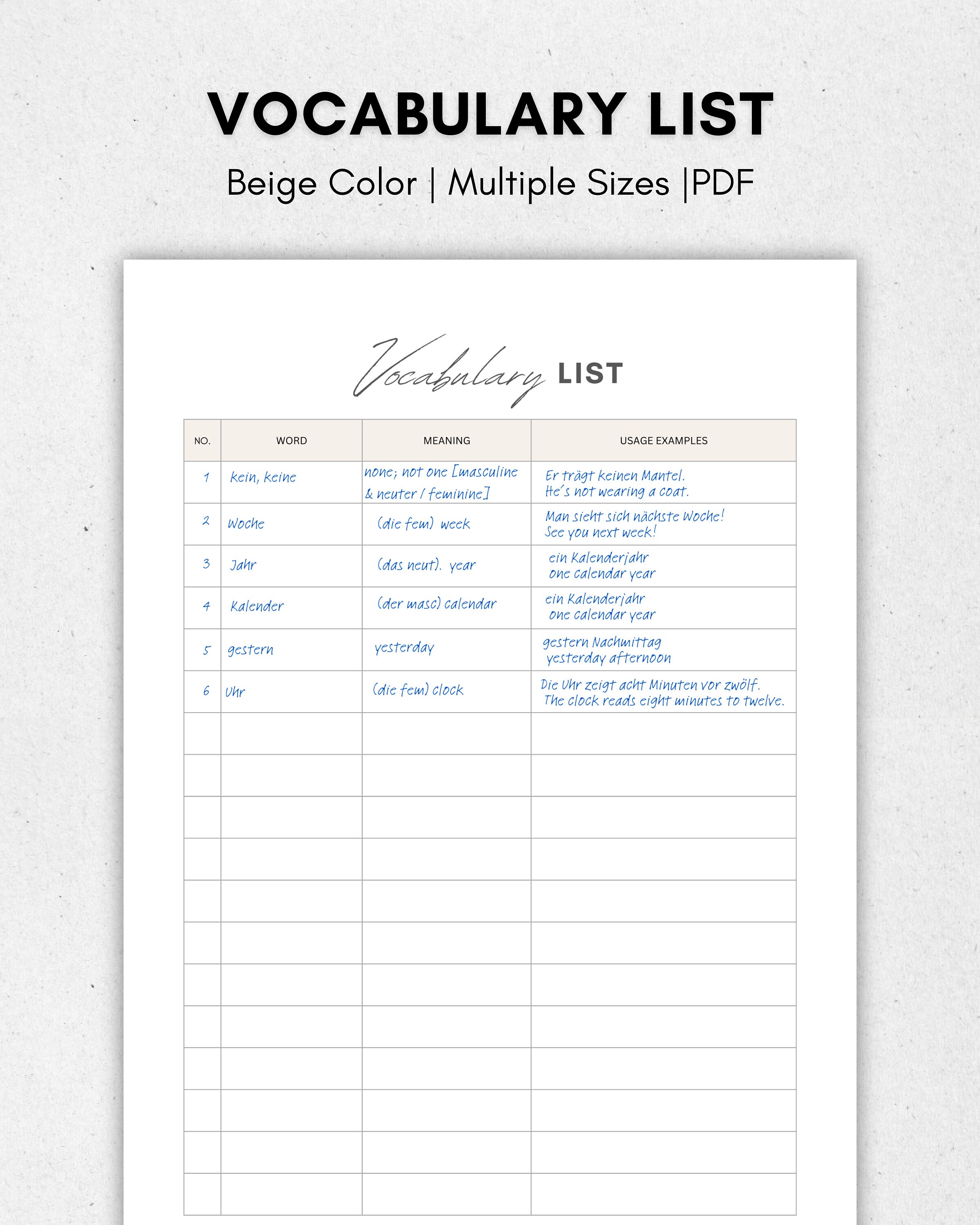 Vocabulary List Worksheet Printable, Planner Inserts, Vocabulary List Worksheet Workbook ...
