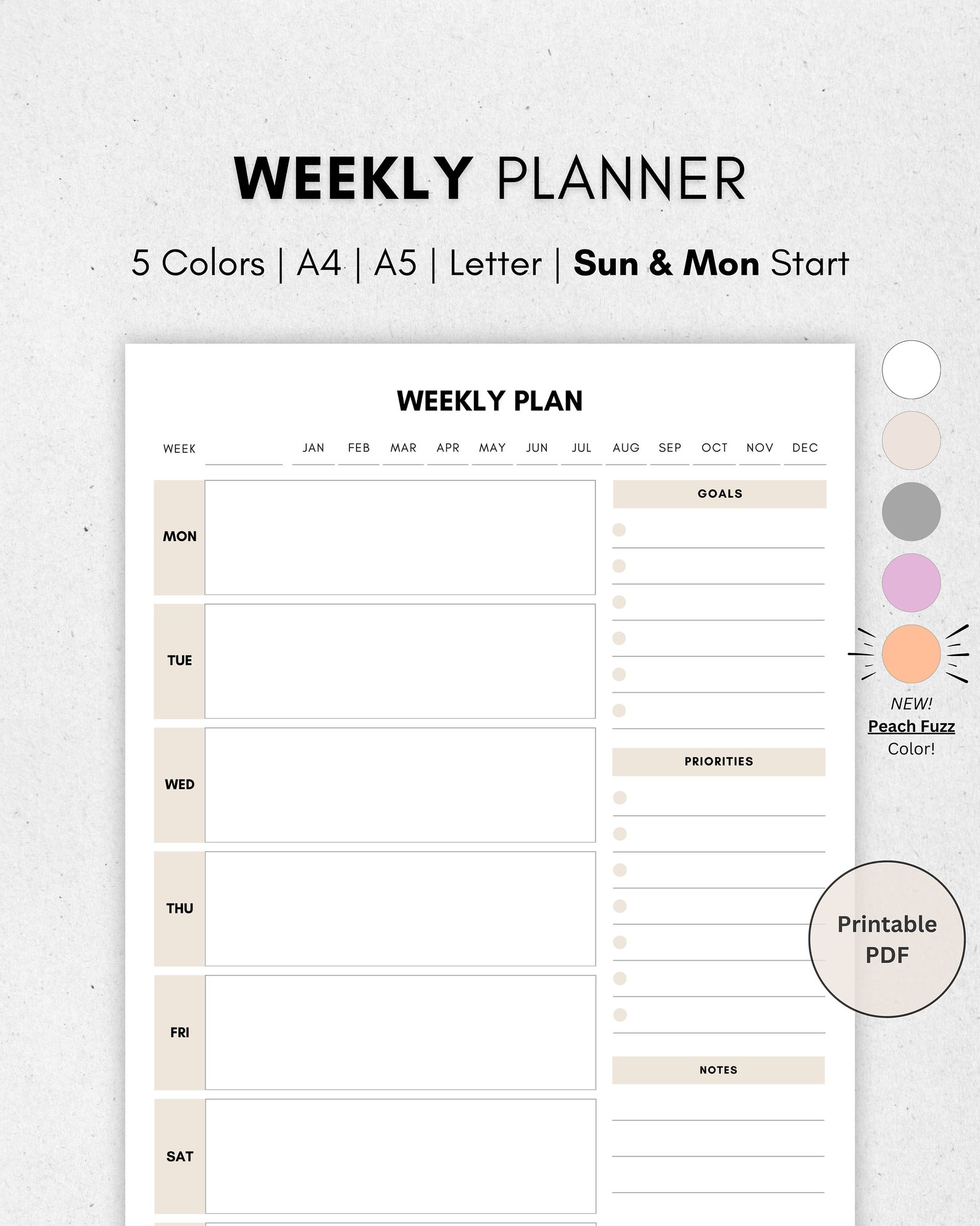 Weekly Planner, Minimalist Weekly Overview, Week at a Glance, Goal ...