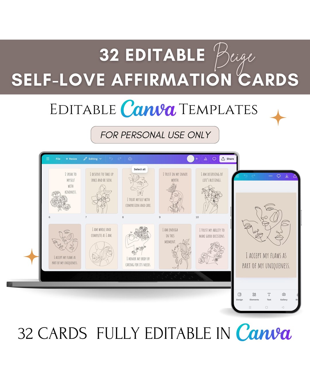 32 Self Love Affirmation Editable Cards, Canva Editable Template, Daily ...