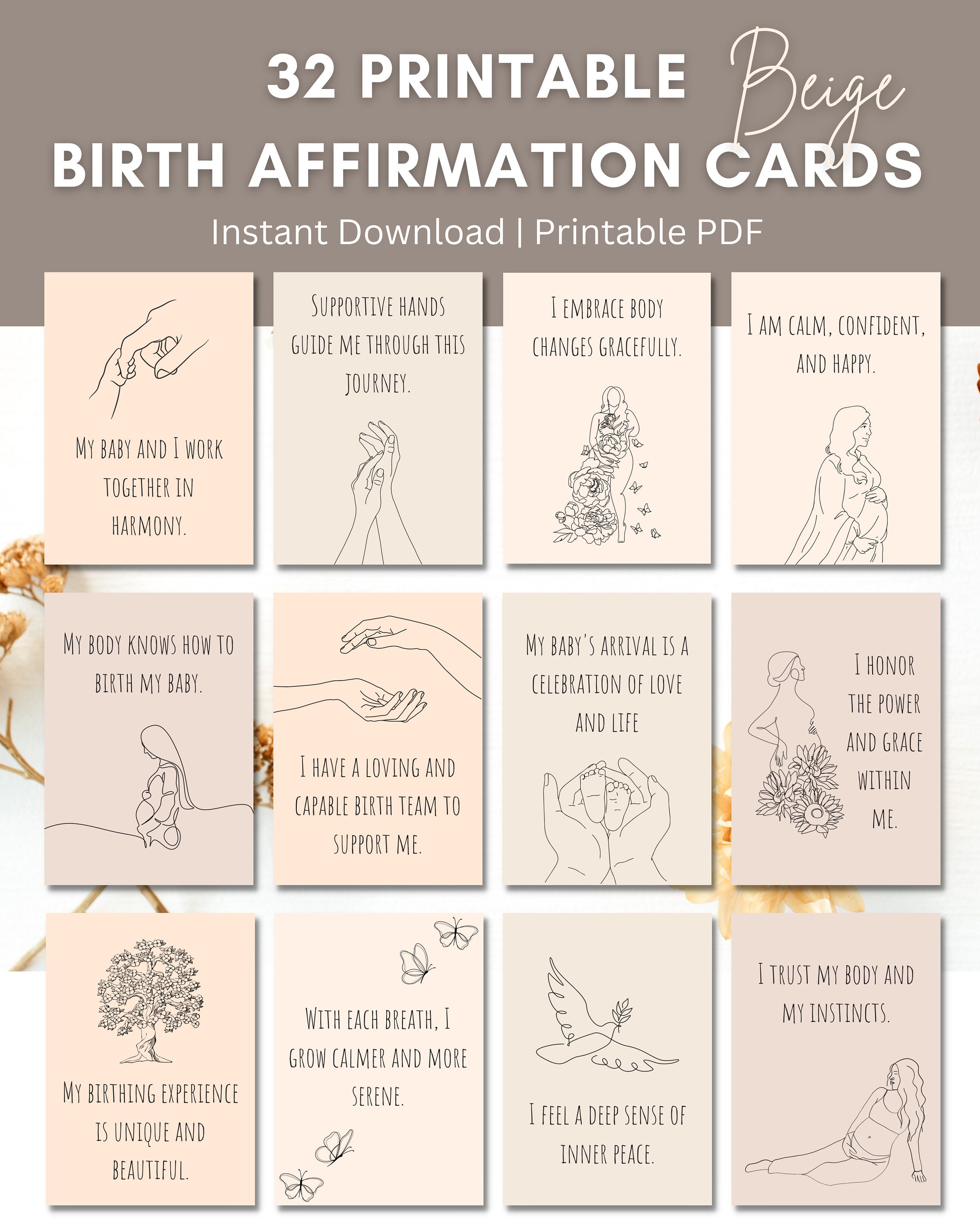 32 Birth Affirmation Printable Cards, Digital Download, Positive Birth ...