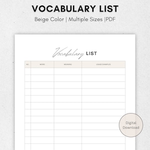 Vocabulary List Worksheet Printable, Planner Inserts, Vocabulary List ...
