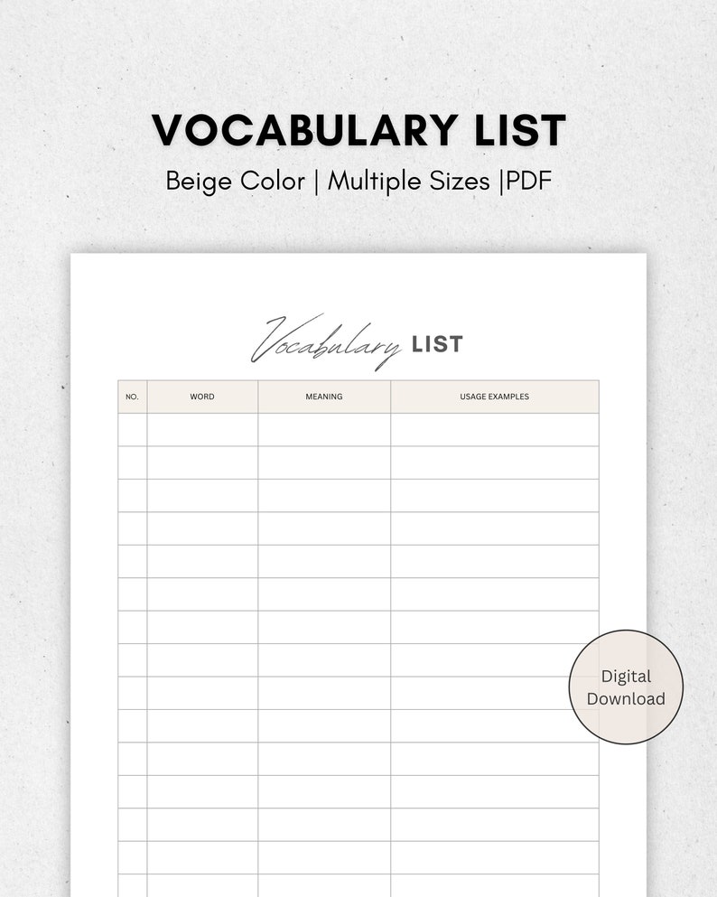 Vocabulary List Worksheet Printable, Planner Inserts, Vocabulary List ...