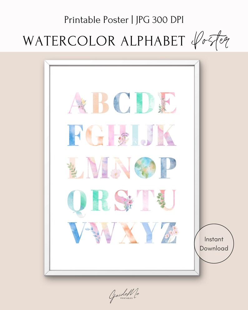 Alphabet Poster Watercolor Floral Style, ABC Poster, Educational Poster ...