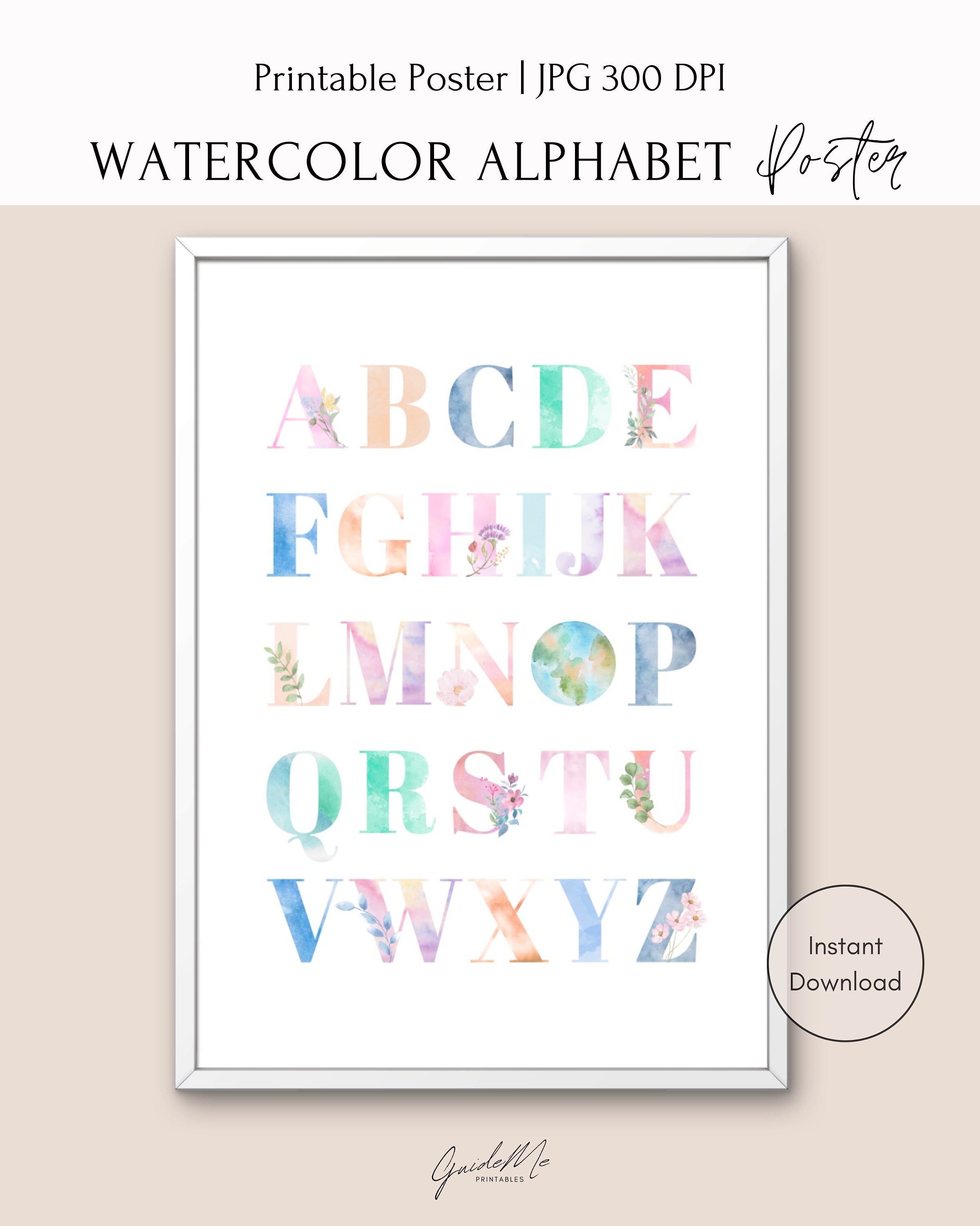 Alphabet Poster Watercolor Floral Style, ABC Poster, Educational Poster ...
