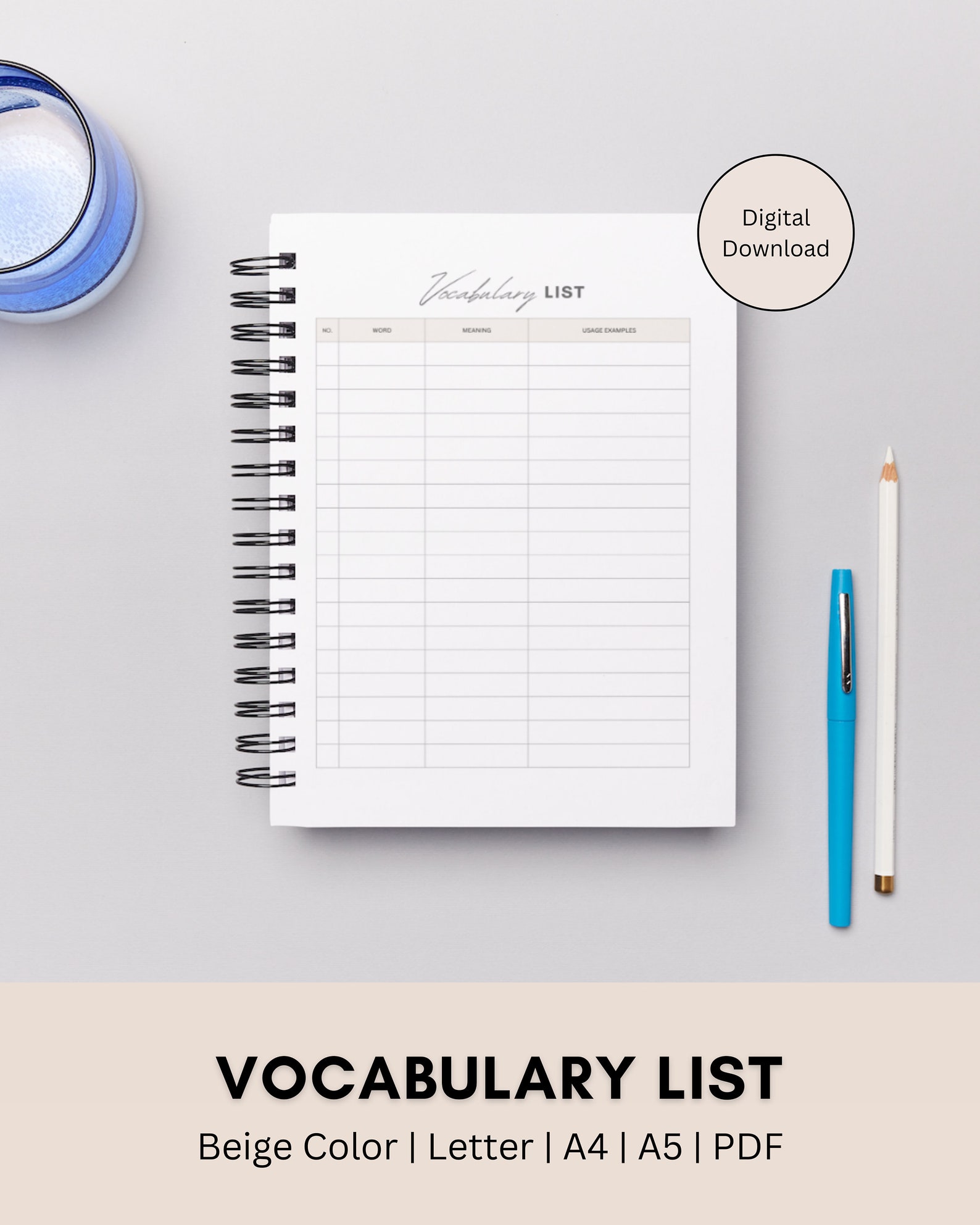 Vocabulary List Worksheet Printable, Planner Inserts, Vocabulary List Worksheet Workbook ...