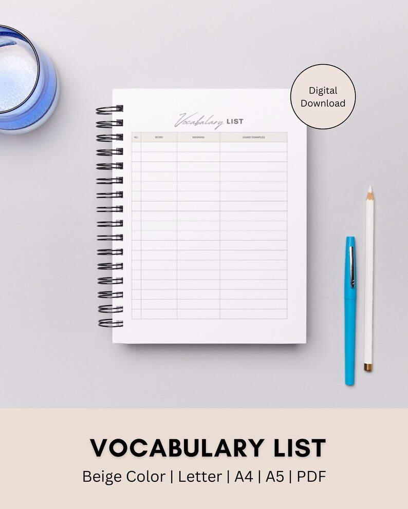 Vocabulary List Worksheet Printable, Planner Inserts, Vocabulary List ...