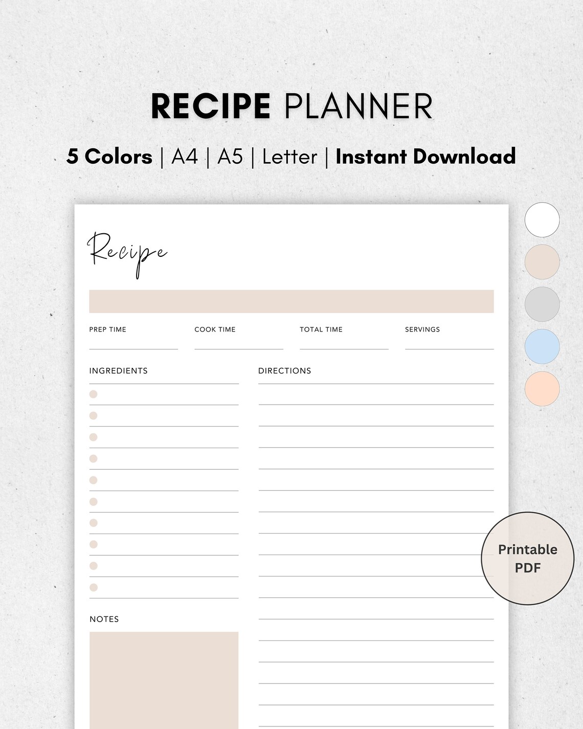 Recipe Planner Printable Template, Recipe Book, Recipe Card, Cook Book ...