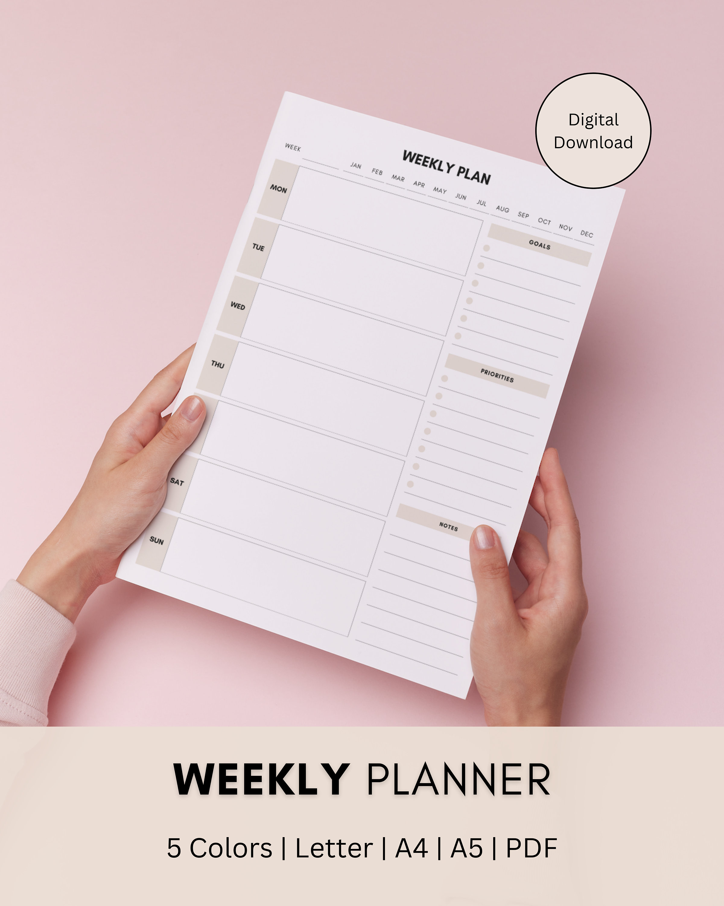 Weekly Planner, Minimalist Weekly Overview, Week at a Glance, Goal ...