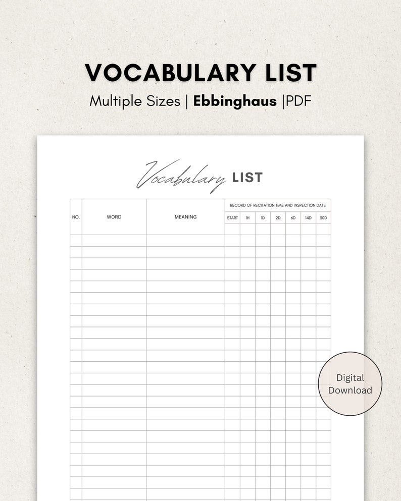 Vocabulary List Worksheet Printable, , Boost Your Memory and Retention ...