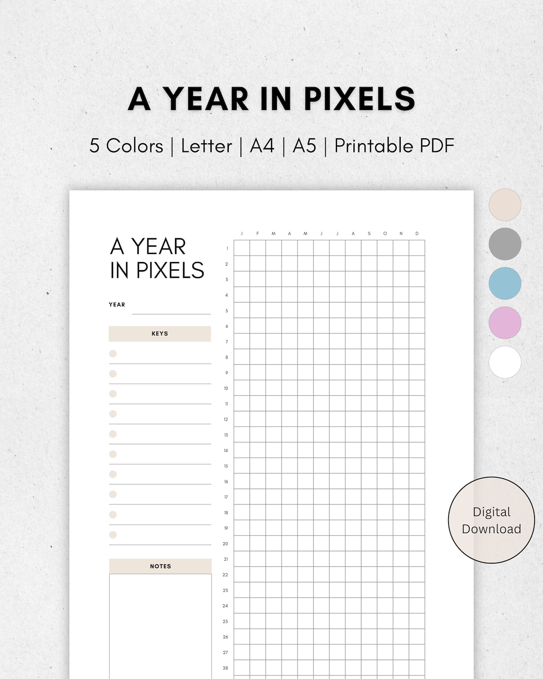 A Year in Pixels, Yearly Mood Tracker, Anxiety Tracker, Daily Mood Cart ...