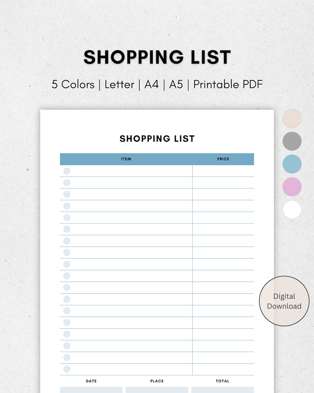 Printable Shopping List Template: Grocery Planner (A4, A5, Letter PDF ...