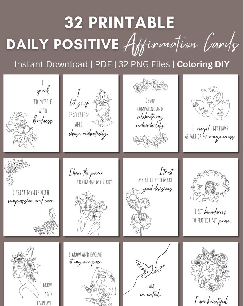 32 Daily Affirmation Cards Printable, DIY Coloring, Vision Board ...