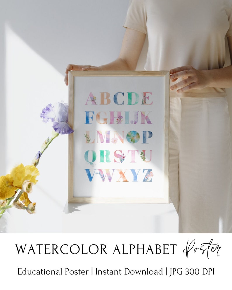 Alphabet Poster Watercolor Floral Style, ABC Poster, Educational Poster ...