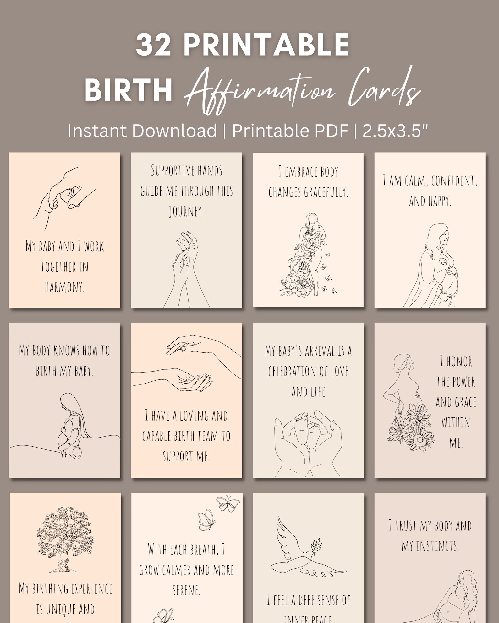 32 Birth Affirmation Printable Cards, Digital Download, Positive Birth ...