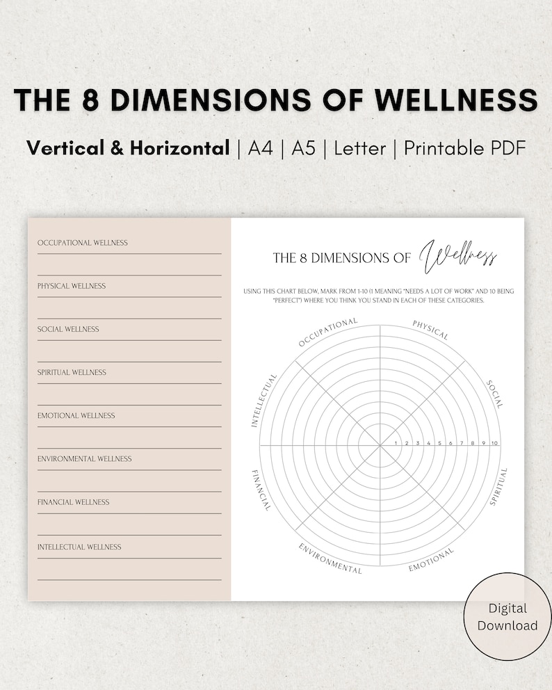 Wheel of Life Printable Planner, the 8 Dimensions of Wellness Template, Life Balance Wheel ...