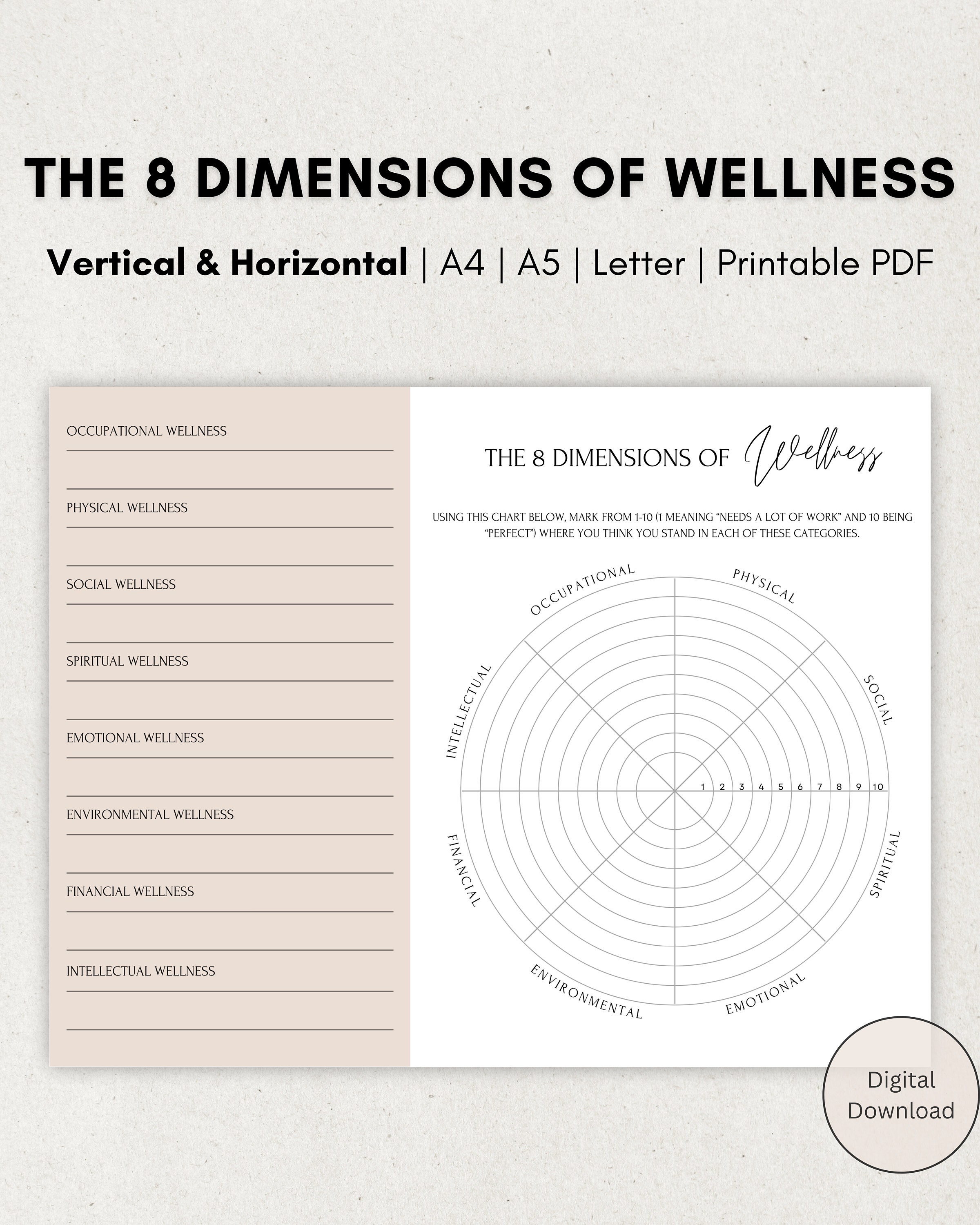 Wheel of Life Printable Planner, the 8 Dimensions of Wellness Template ...