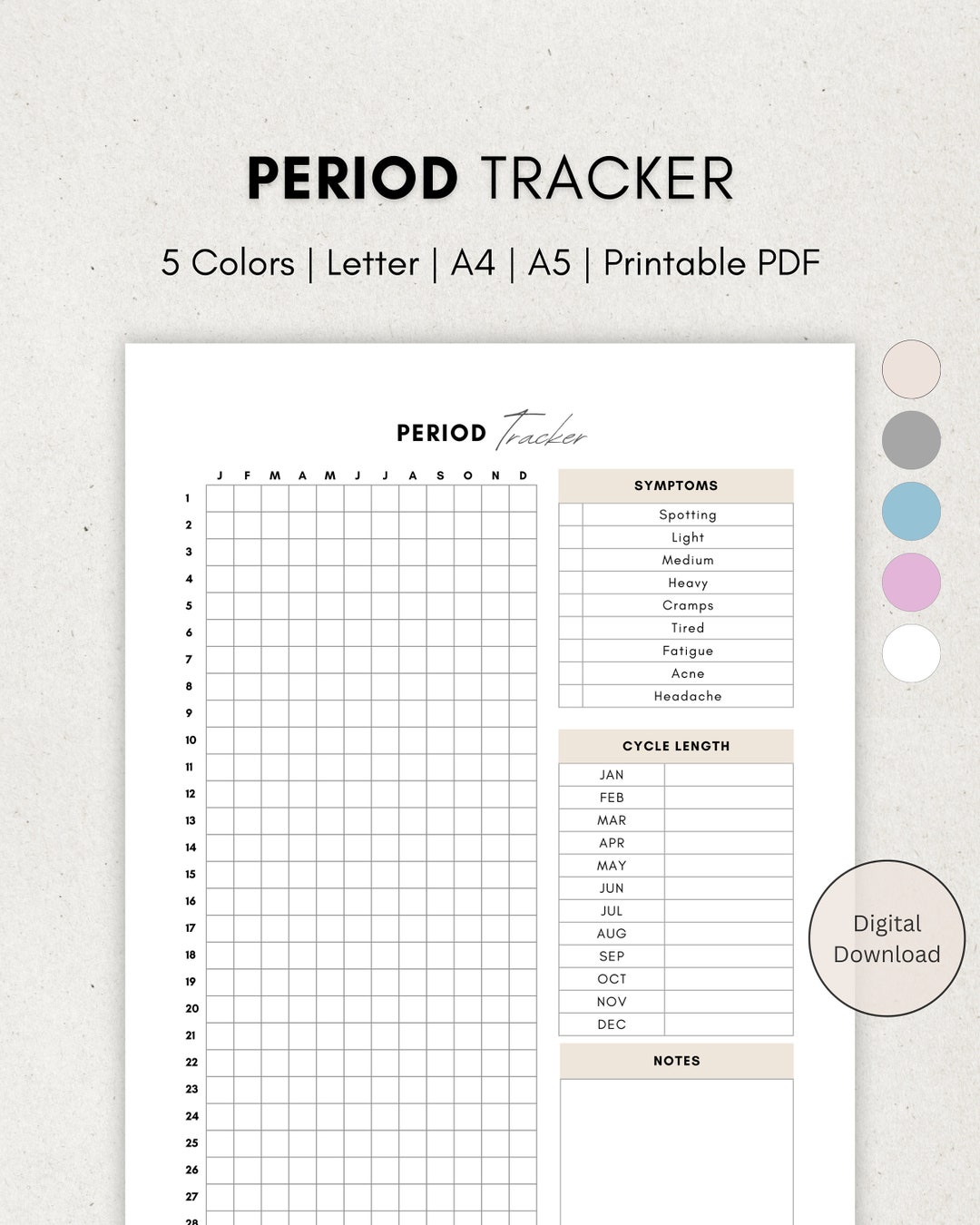 Printable Period Tracker, Symptom Tracker, Period Journal, Yearly ...