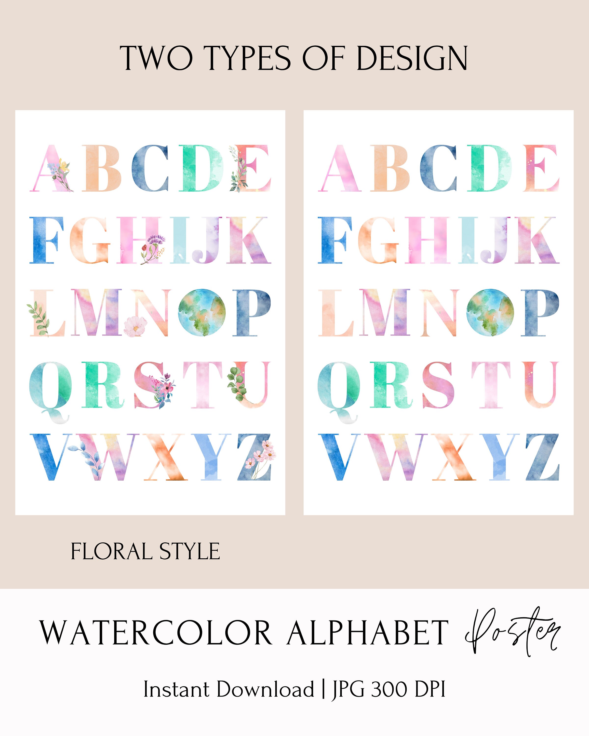 Alphabet Poster Watercolor Floral Style, ABC Poster, Educational Poster ...