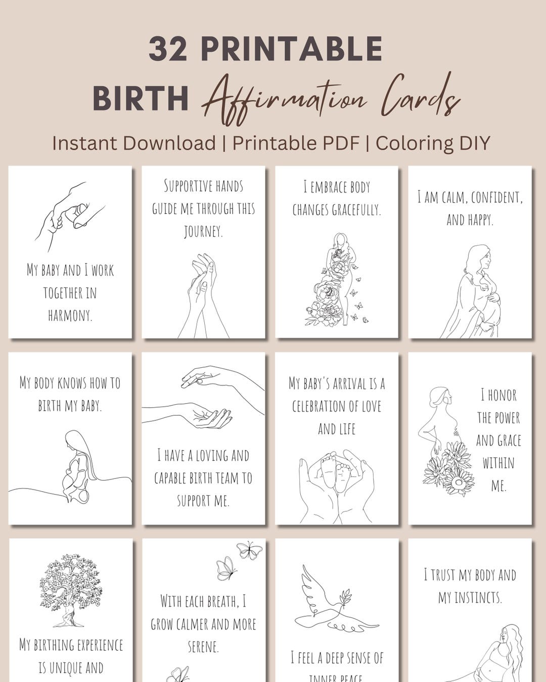 32 Birth Affirmation Printable Cards, Digital Download, Positive Birth ...