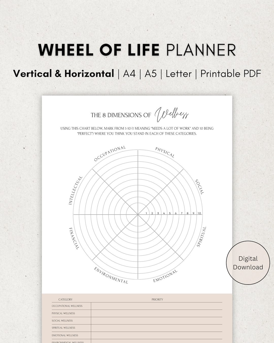 Wheel of Life Printable Planner: 8 Dimensions of Wellness (PDF) - Etsy