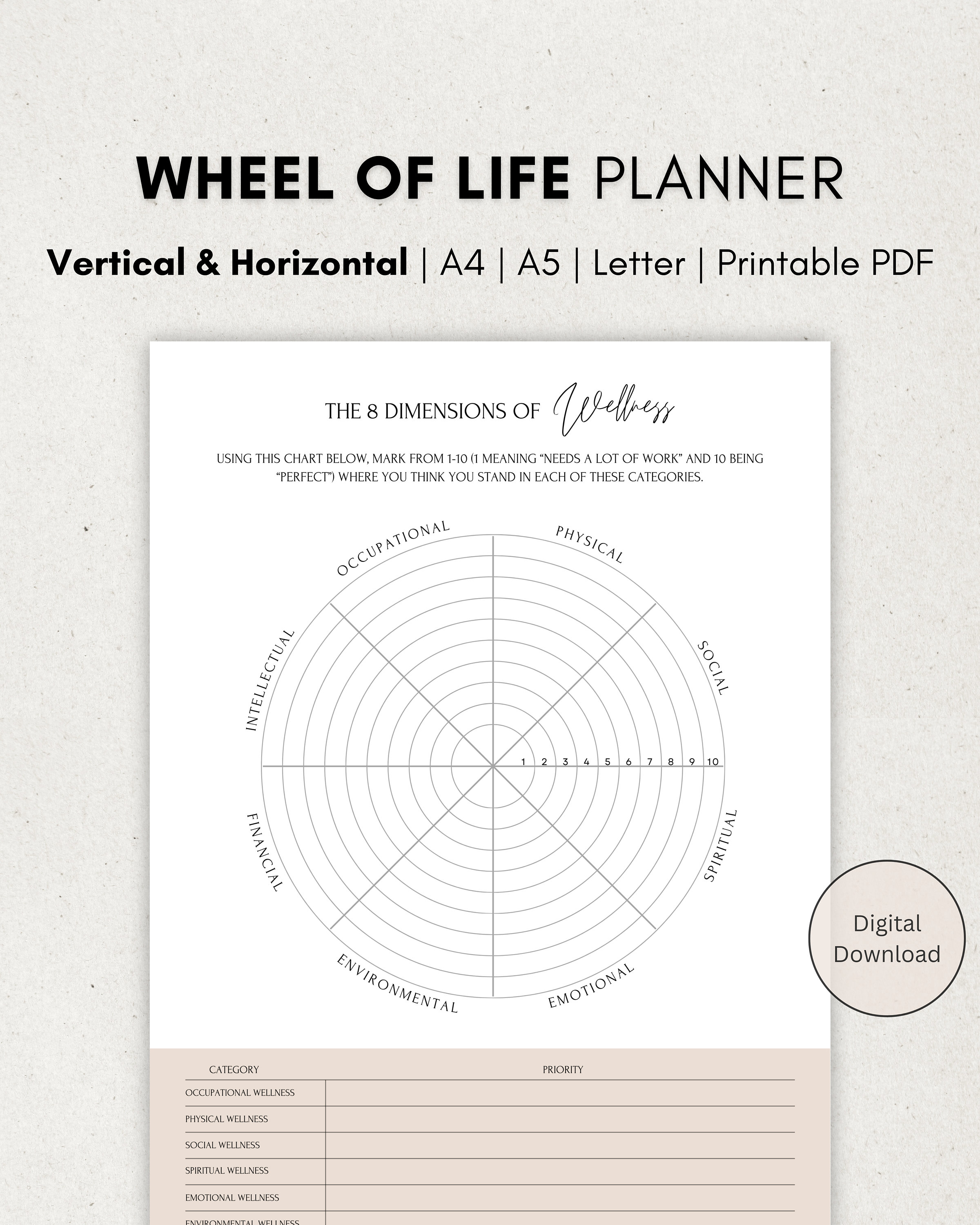 Wheel of Life Printable Planner: 8 Dimensions of Wellness (PDF) - Etsy