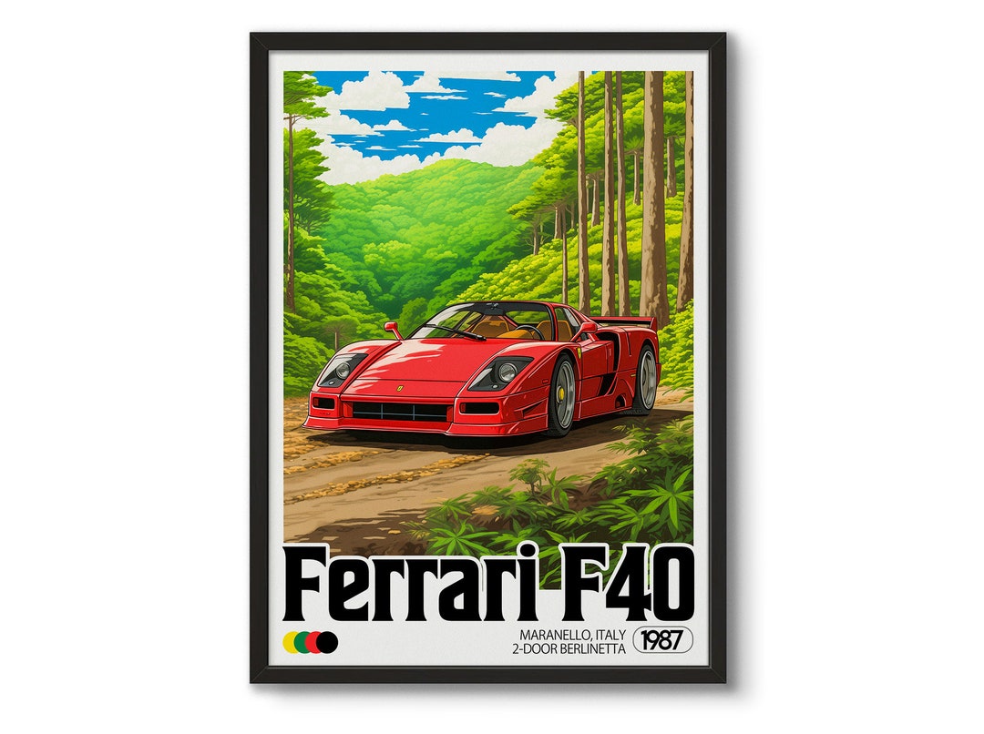 Anime Ferrari F40 Car Poster, Surreal Car Art Print, Bedroom, Lounge ...