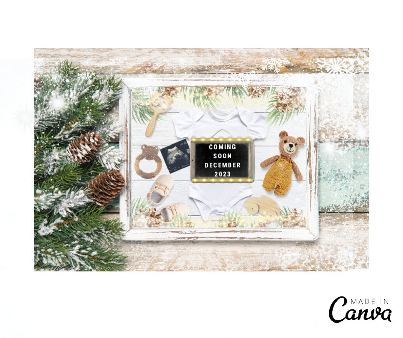 Digital Baby WINTER ANNOUNCEMENT, Rustic Pine ,editable CANVA Template ...