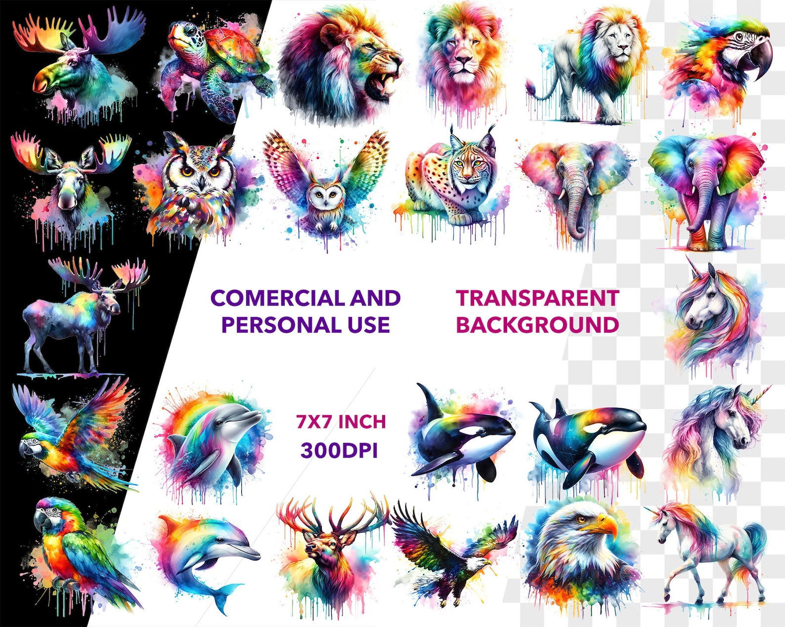 50 Watercolor Rainbow Animals Clipart, PNG Rainbow Clipart, Bright ...