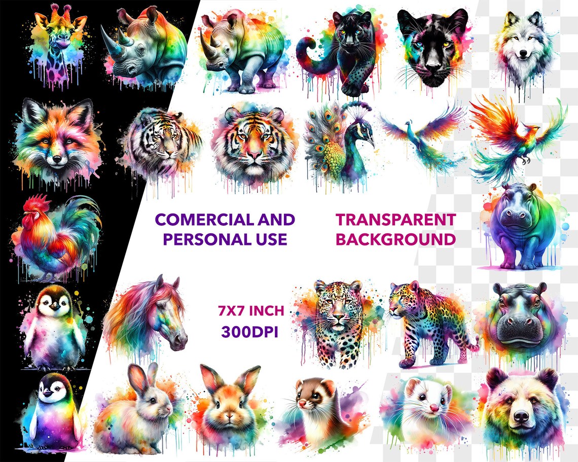 50 Watercolor Rainbow Animals Clipart, PNG Rainbow Clipart, Bright ...