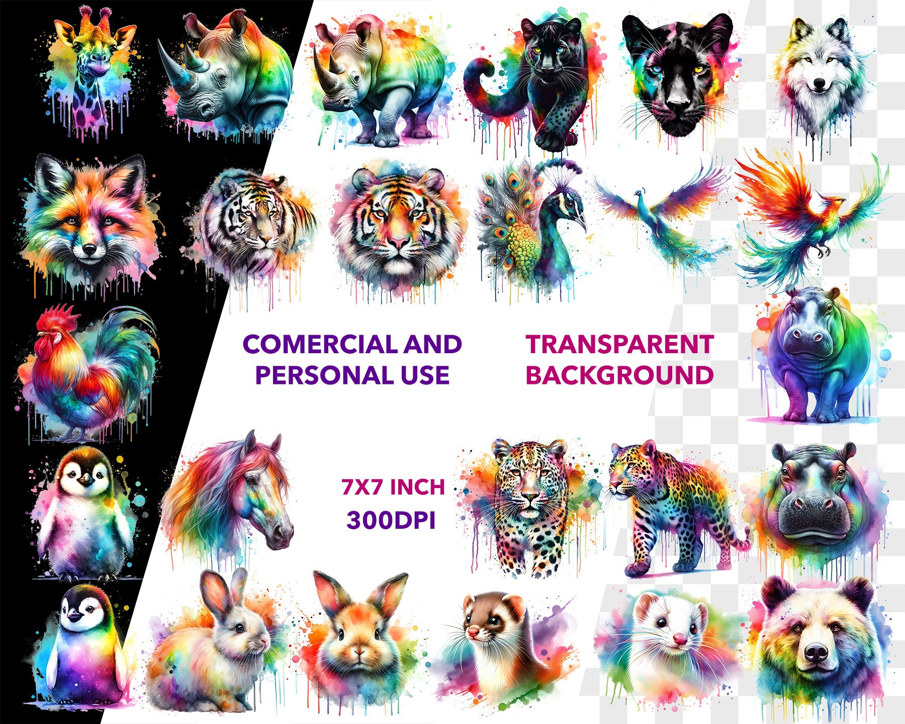 50 Watercolor Rainbow Animals Clipart, PNG Rainbow Clipart, Bright ...