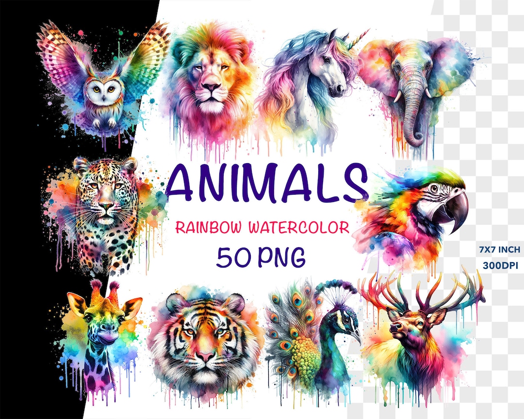 50 Watercolor Rainbow Animals Clipart, PNG Rainbow Clipart, Bright ...