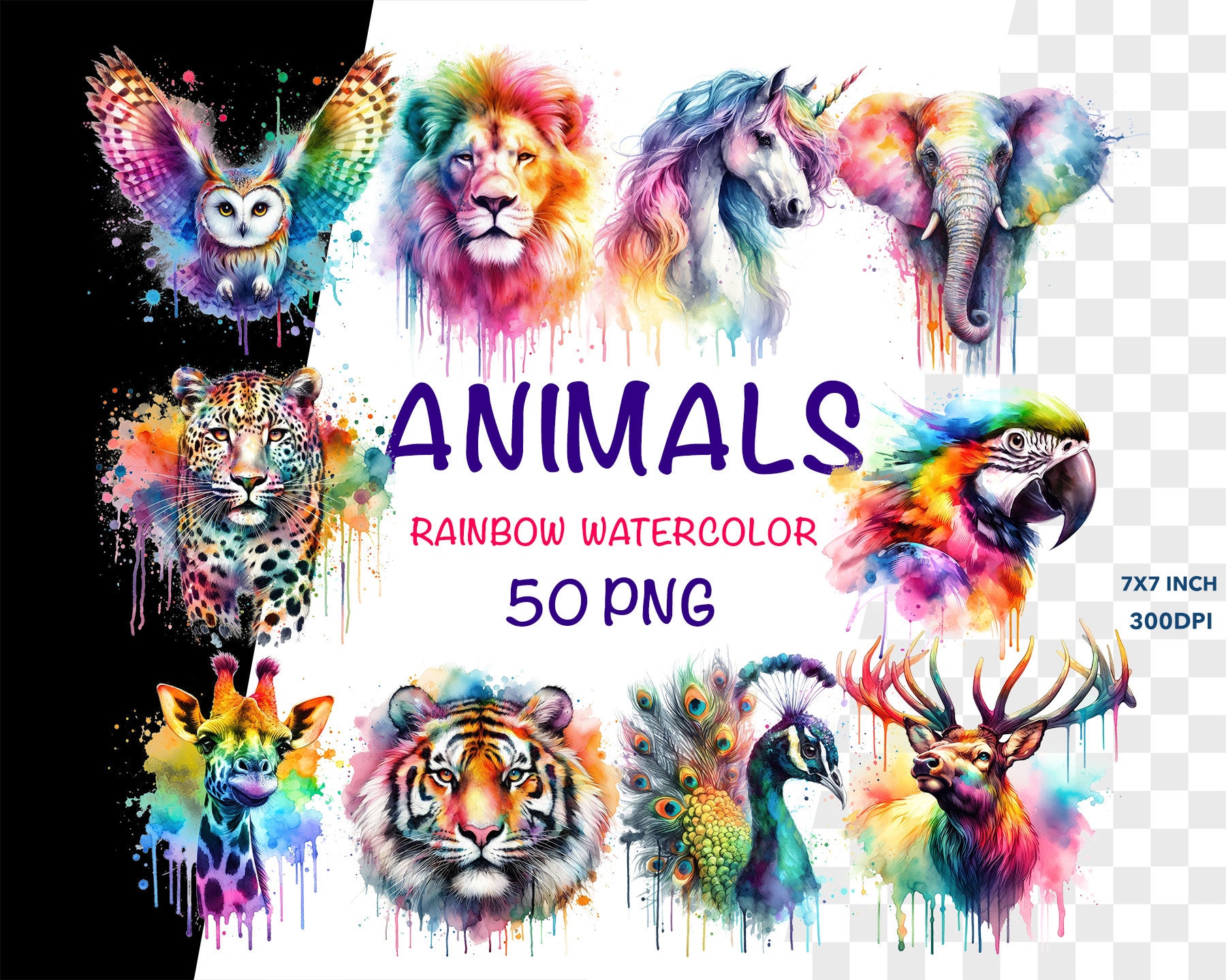 50 Watercolor Rainbow Animals Clipart, PNG Rainbow Clipart, Bright ...