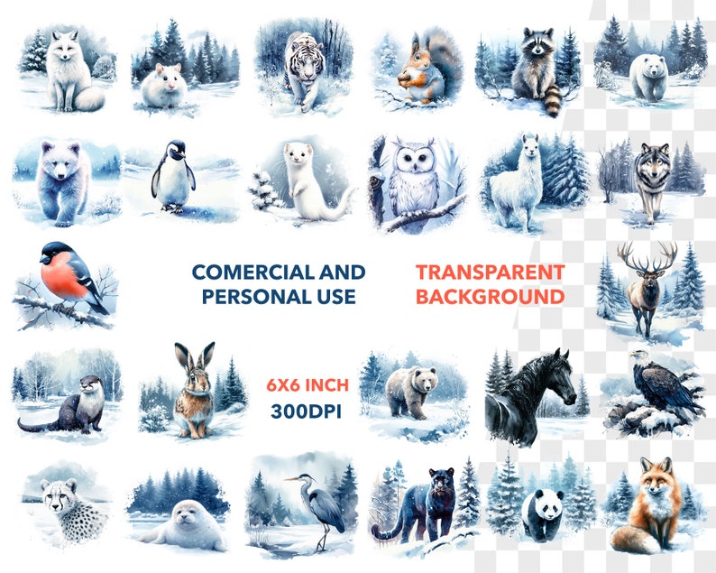 50 Watercolor Winter Animals Clipart, PNG Christmas Winter Clipart ...