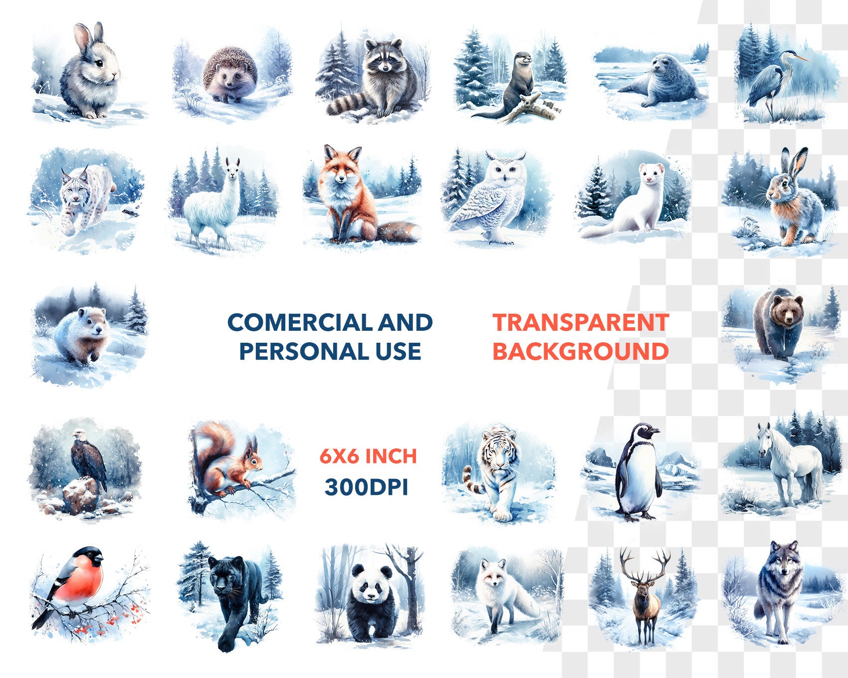 50 Watercolor Winter Animals Clipart, PNG Christmas Winter Clipart ...