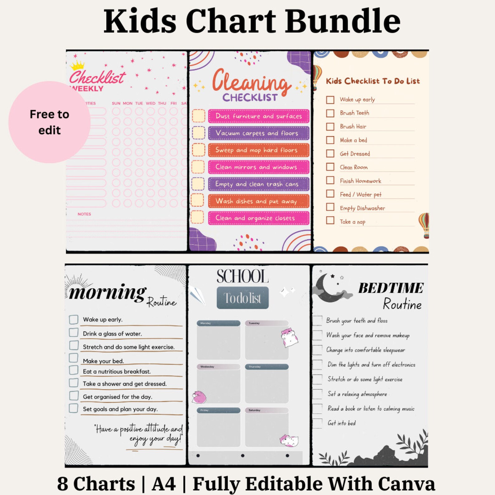 Editable Kids Chore Chart Bundle, Kids Daily & Weekly Checklist ...